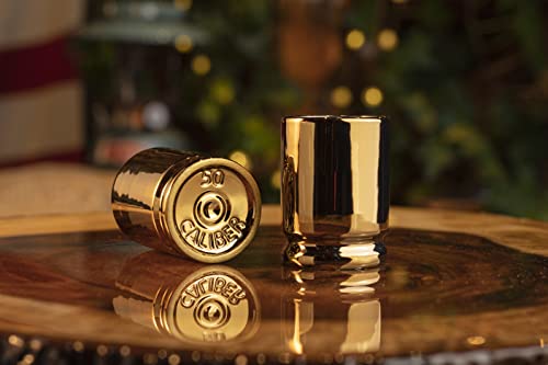The Original 50 Caliber Brass Ceramic Shot Glasses - Set of 2 - American Owned & Operated - LIFETIME Guarentee