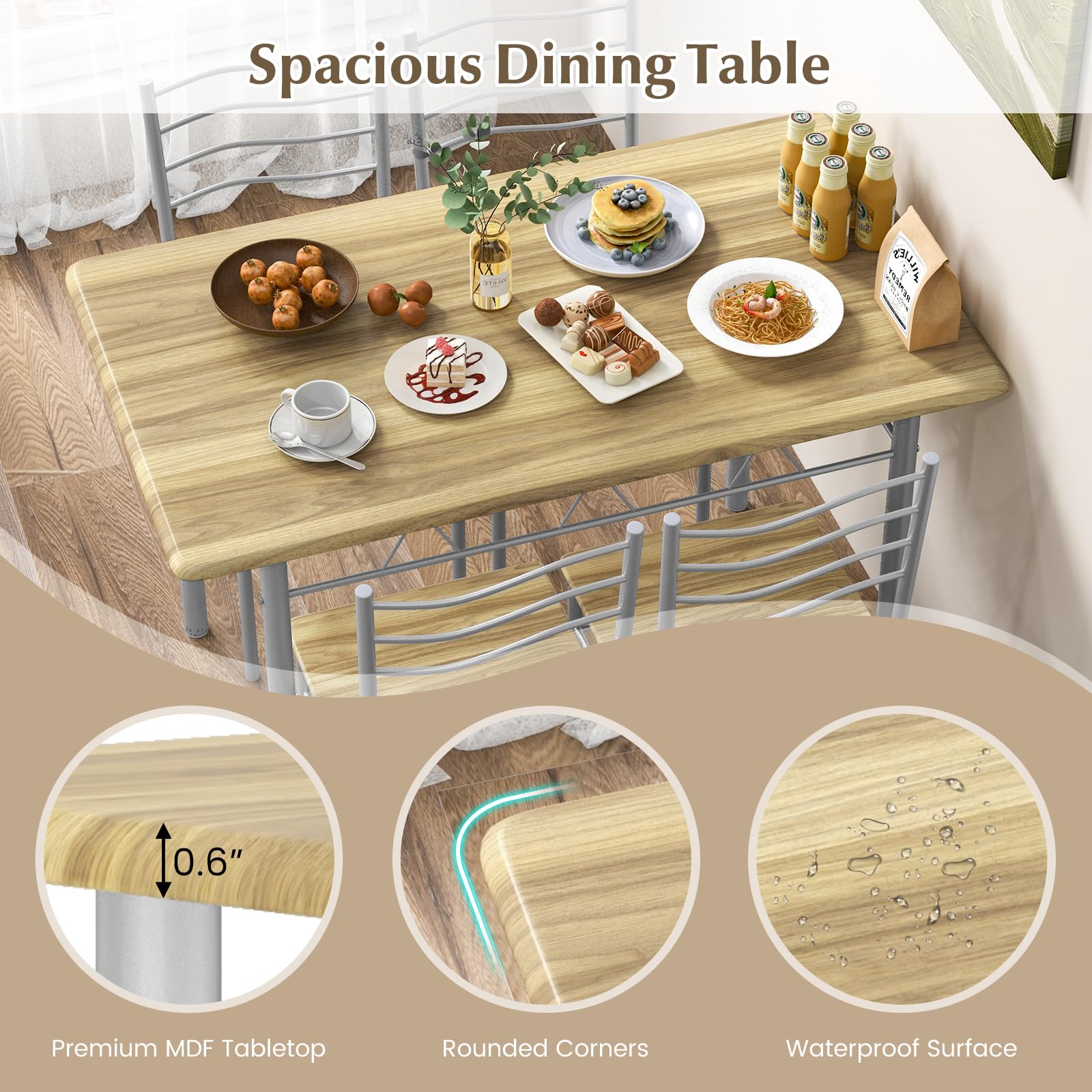 COSTWAY Kitchen Table Chairs Set of 4, 5 Piece Metal Rectangular Dinette Set w/Non-Slip Pad, Space-Saving Design, Modern Dining Room Table Set for Small Place Breakfast Nook Restaurant (Walnut)