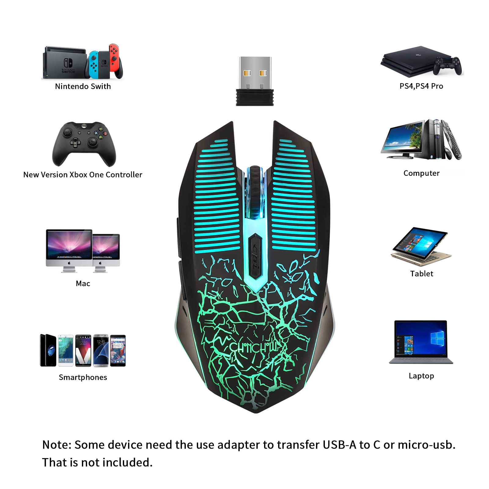CHONCHOW Wireless Gaming Rechargeable Mouse Professional LED Optical Battery with 2.4G Receiver 1600DPI 7 Button Compatible with Mac Windows7/8/10 PS4 PS5 Xbox one s Switch PC Computer Laptop Gamer