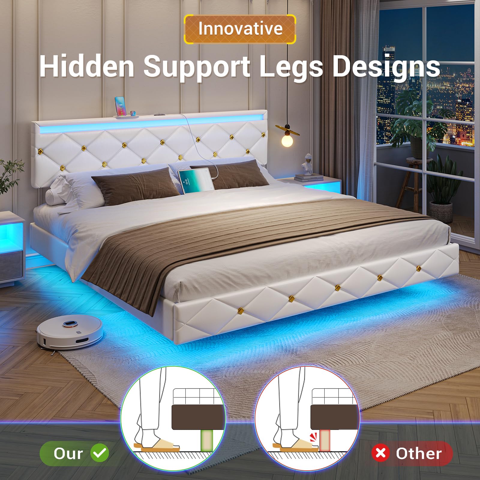 Hasuit Floating Bed Frame King Size with LED Lights and Charging Station, Modern King Platform Bed with Vegan Leather Upholstered Headboard, No Box Spring Needed, Noise Free, Easy to Assemble