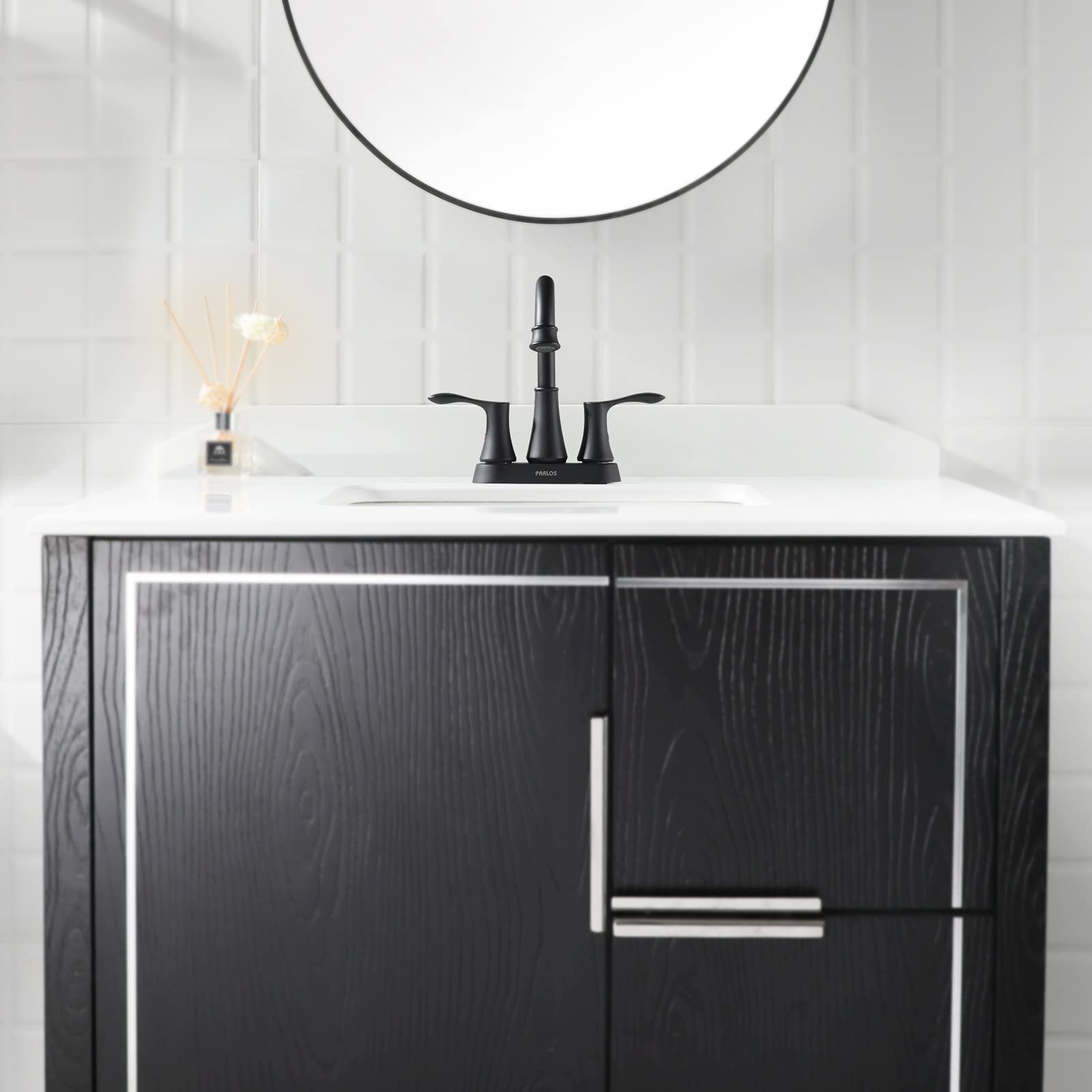 PARLOS 2-Handle Bathroom Sink Faucet High Arc Swivel Spout with Metal Drain Assembly and Faucet Supply Lines, Matte Black, Demeter 14134