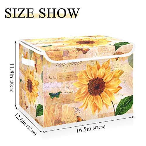 innewgogo Sunflowers Butterflies Storage Bins with Lids for Organizing Foldable Storage Box With Lid with Handles Oxford Cloth Storage Cube Box for Study Room