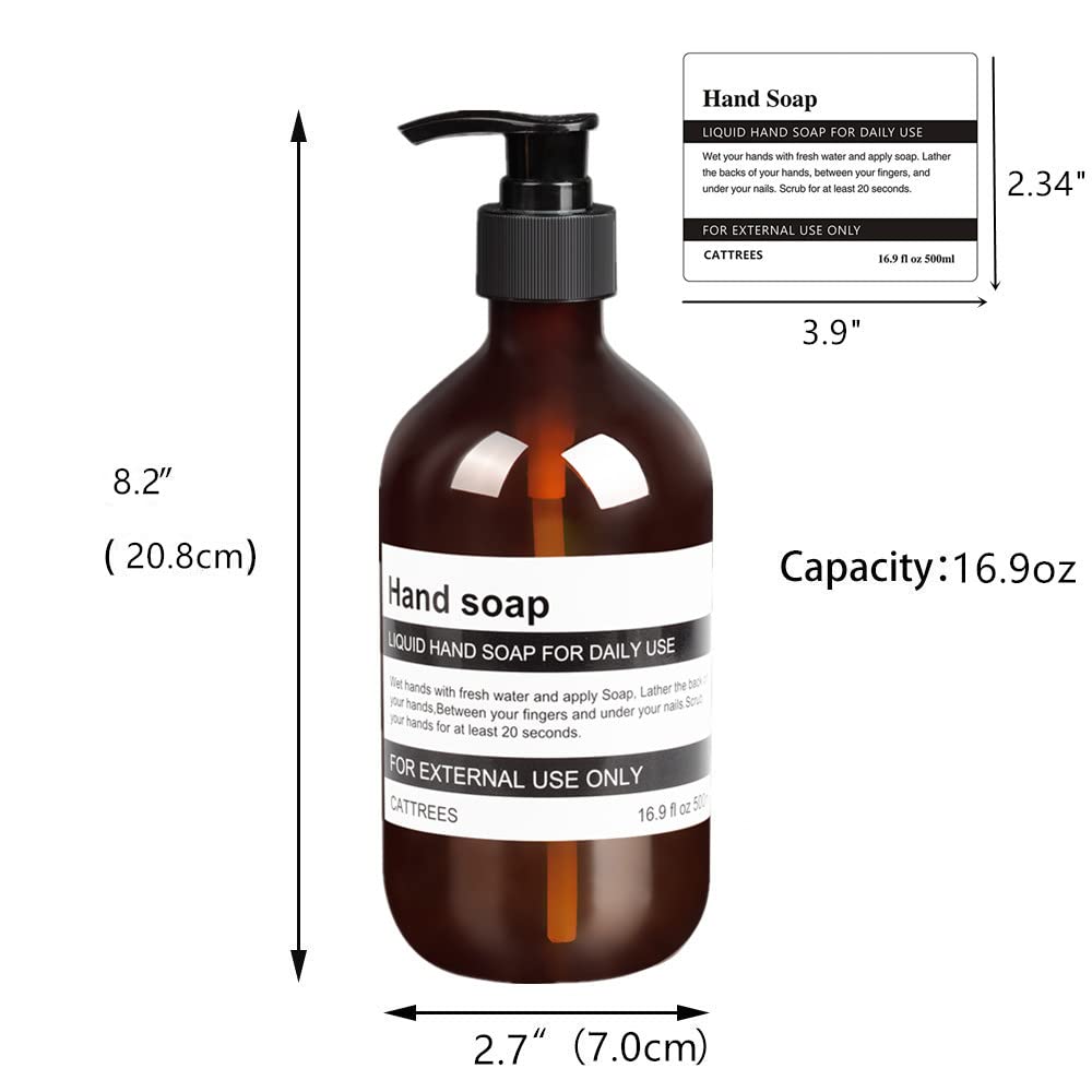 CATTREES 4 Pack Shampoo and Conditioner Bottles for Bathroom,16 oz Empty Amber Plastic Bottles with Pump & 6 Waterproof Labels for Hand,Lotion,Refillable Shampoo Conditioner and Shower Gel Dispenser.