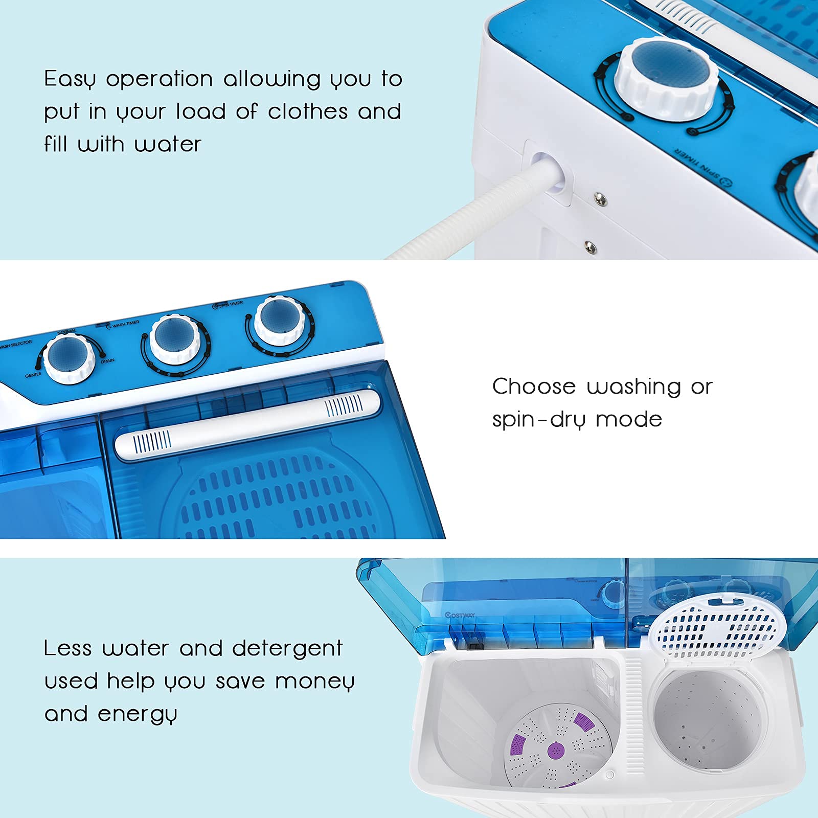 COSTWAY Portable Washing Machine, Twin Tub 28.5Lbs Capacity, Washer(20Lbs) and Spinner(8.5Lbs), Laundry Machine with Control Knobs, Timer Function, Drain Pump, Compact washer for Apartment, RV (Blue)
