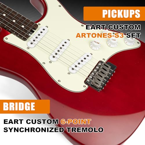 EART Electric Guitar SSS Single Coil Pickups,Solid-Body,Stainless Steel Frets Right Handed-Rosewood Fingerboard-Red