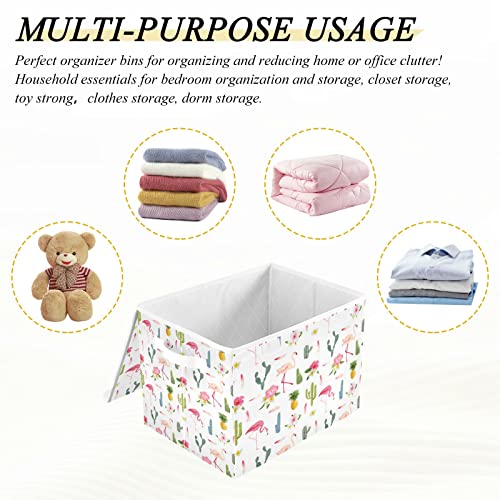 innewgogo Tropical Flamingo Cactus Storage Bins with Lids for Organizing Large Collapsible Storage Bins with Handles Oxford Cloth Storage Cube Box for Home