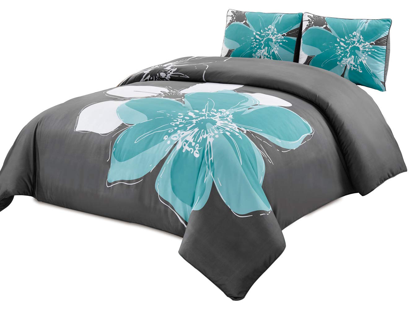 GrandLinen - 3-Piece Fine Printed Duvet Cover Set Queen Size - 1500 Series high Thread Count Brushed Microfiber - Luxury, Soft, Durable (Aqua Blue, Grey, White)