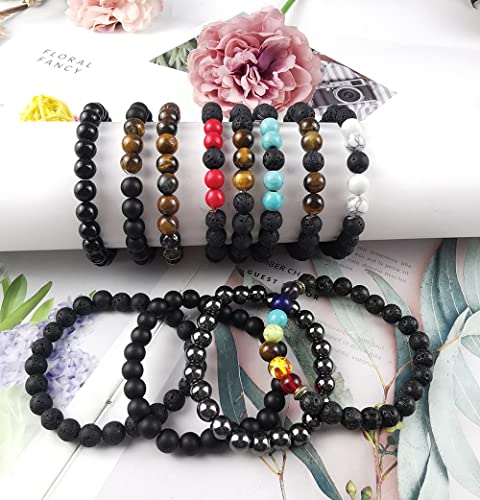 SAMOCO 12 Pcs Adjustable Lava Rock Stone Essential Oil Diffuser Bracelet Braided Elastic Rope Stone Yoga Beads Bracelets for Men Women