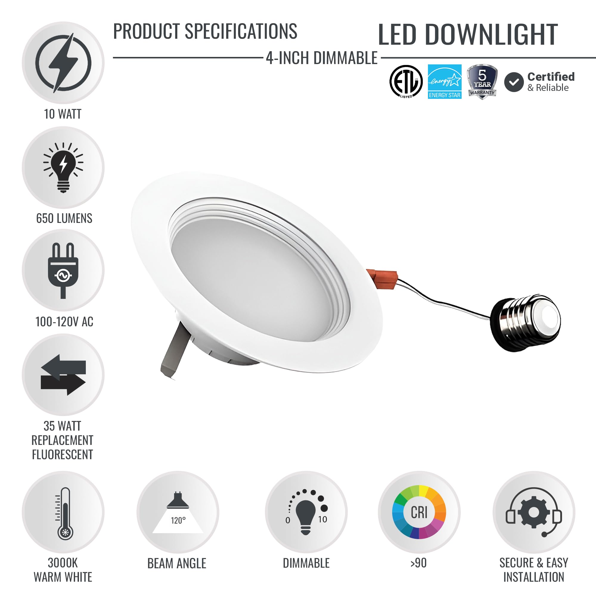 LEDMyplace 4 inch 10W Round Dimmable Retrofit LED Recessed Downlight, Pack of 4, 3000K Warm White, 650 Lumens, Replace of 35W, Baffle Trim Can Lights for Ceiling, Indoor Lighting for Home, Kitchen