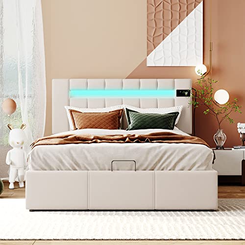 Harper & Bright Designs Upholstered Full Platform Bed with LED Headboard, Bluetooth Player and USB Charging, Velvet Fabric Full Size Bed with Lift Up Storage, No Box Spring Needed (Beige)