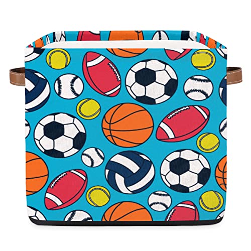 Cube Storage Organizer Bins 13x13 Sport Ball Blue Fabric Storage Cubes Bin Foldable Baskets Square Box with Dual Plastic Handles for Shelf Nursery Cabinet Clothes Toys