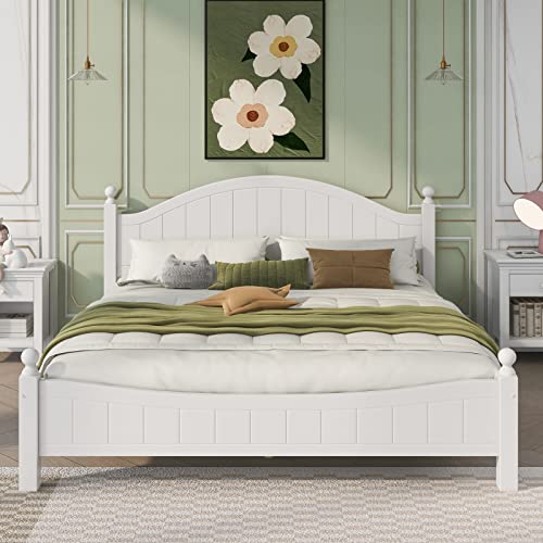 Harper & Bright Designs King Size Platform Bed with Headboard and Footboard,Solid Wood White King Bed Frames with Slat Support, Traditional Concise Style Single King Bed for Teens Adults, White