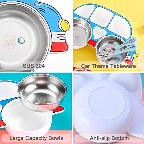Divided Plate and Bowl Set,BPA Free Meal Snack Plate,Dinnerware Eating Supplies Kitchen Utensils,6 Pieces with Spoon Fork and Lid,Car-shaped by lrrjhtac, Blue
