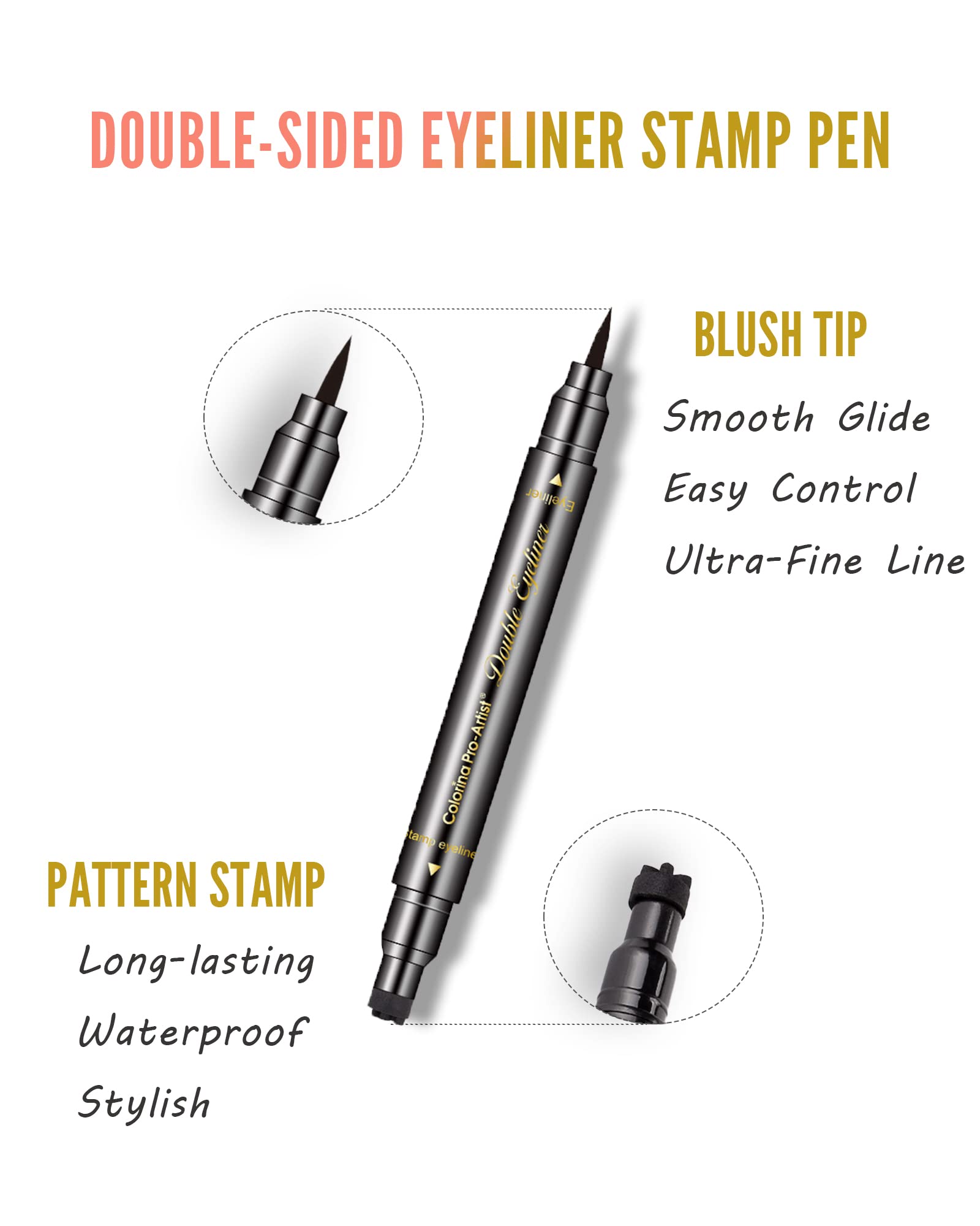 Enfuntins 6 Pcs Eyeliner Stamp, Black Double-Ended Liquid Eye Liner Pen Waterproof Long-Lasting SmudgeProof Tattoo Eye Makeup Set Winged, Smiley, Star, Moon, Heart, Flower