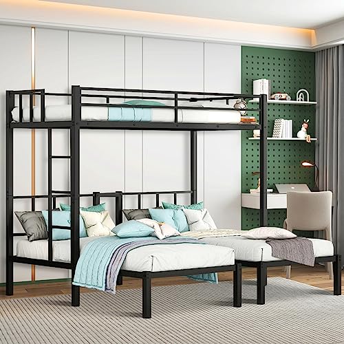 HAUSHECK Triple Bunk Bed for 3 Kids, Teen & Adults, Twin Over Twin Bunk Beds, Divided into 3 Separate Bed, Metal Triple Twin Bunkbeds with Safety Guardrails & Ladder, No Box Spring Needed
