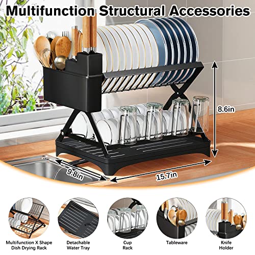COALA HOLA Collapsible Dish Drying Rack 2 Tier Dish Drainers for Kitchen Counter with Folding Drainboard, Swivel Spout Cup Holder Utensil Knife Holder Stainless Steel -Black