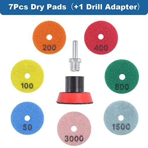 FINGLEE DT 2 Inch Diamond Polishing Pads with 7Pcs Dry Wet Granite Stone Polish Pad Kit for Drill,50-3000 Grit Polishing Pad (7Pcs Dry Pads+1 Drill Adapter)