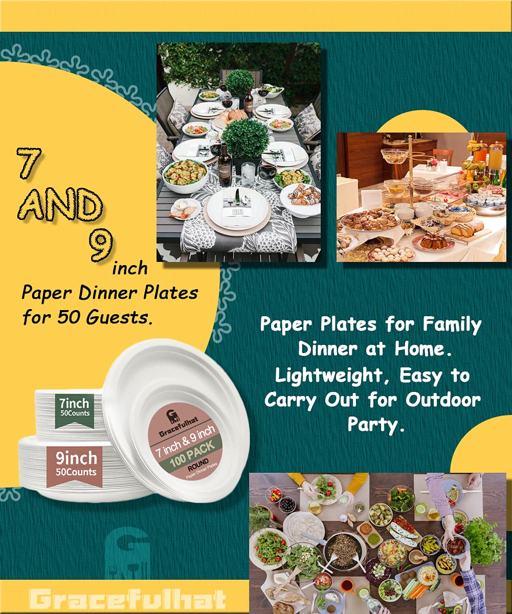 Chinette Paper Plates Dinner for 50 Guests | 7 inch Paper Plates & 50 Pcs 9 inch Disposable Plates | Total: 100 Pcs | White | Uncoated | Biodegradable | Compostable | Chinet paper plates dinner