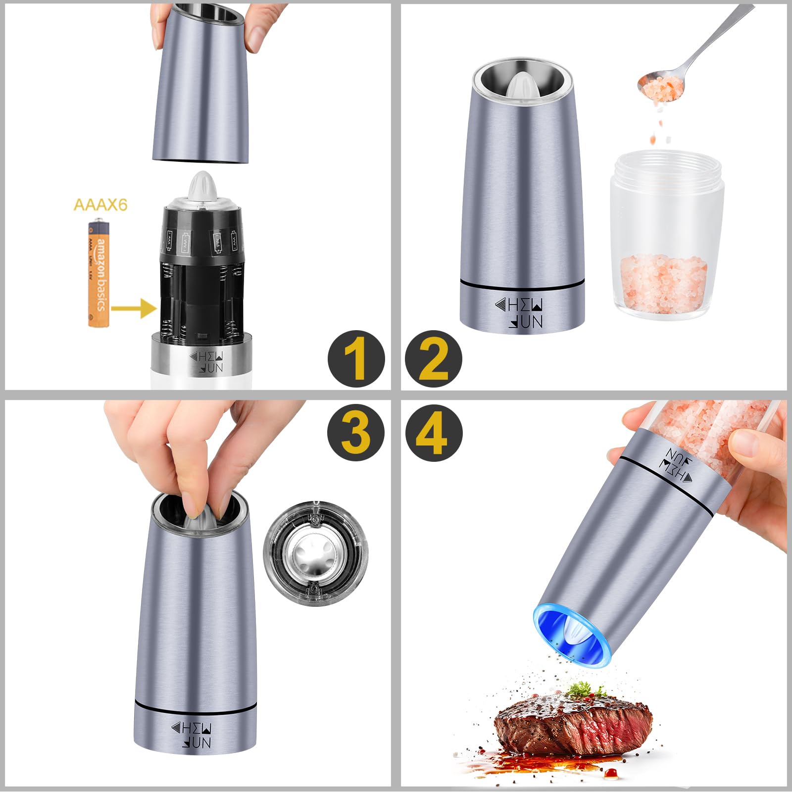 Gravity Salt and Pepper Grinder Set with Adjustable Coarseness Automatic Pepper and Salt Mill Set Battery Powered with Blue LED Light,One Hand Operated,Brushed Stainless Steel by CHEW FUN