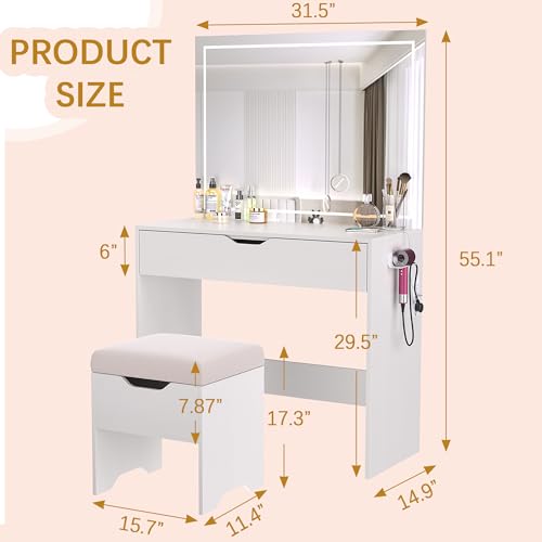 VECELO Vanity Desk Set with LED Lighted Mirror & Power Outlet, Makeup Table with Large Drawer, Storage Stool and Hair Dryer Stand, for Bedroom, White