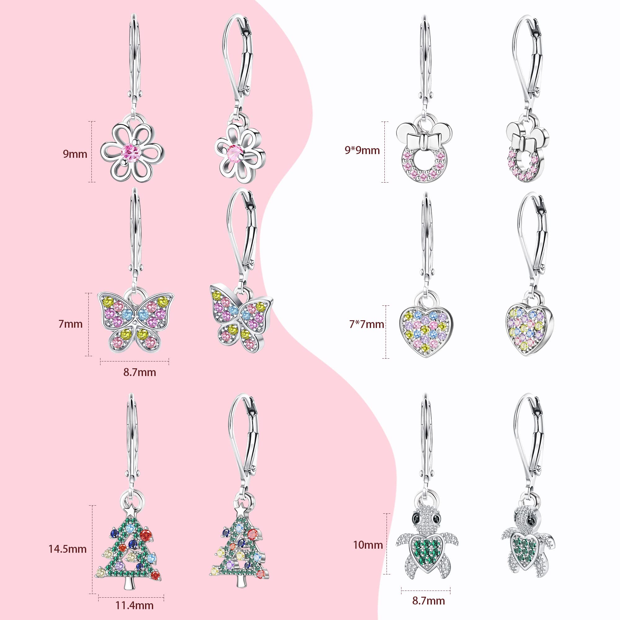 Drperfect Cute Dangle Earrings, Hypoallergenic, Cubic Zirconia Paved Butterfly Heart Flower Turtle Mouse Christmas Tree Drop Dangling Earrings, Silver Leverback Earrings Set