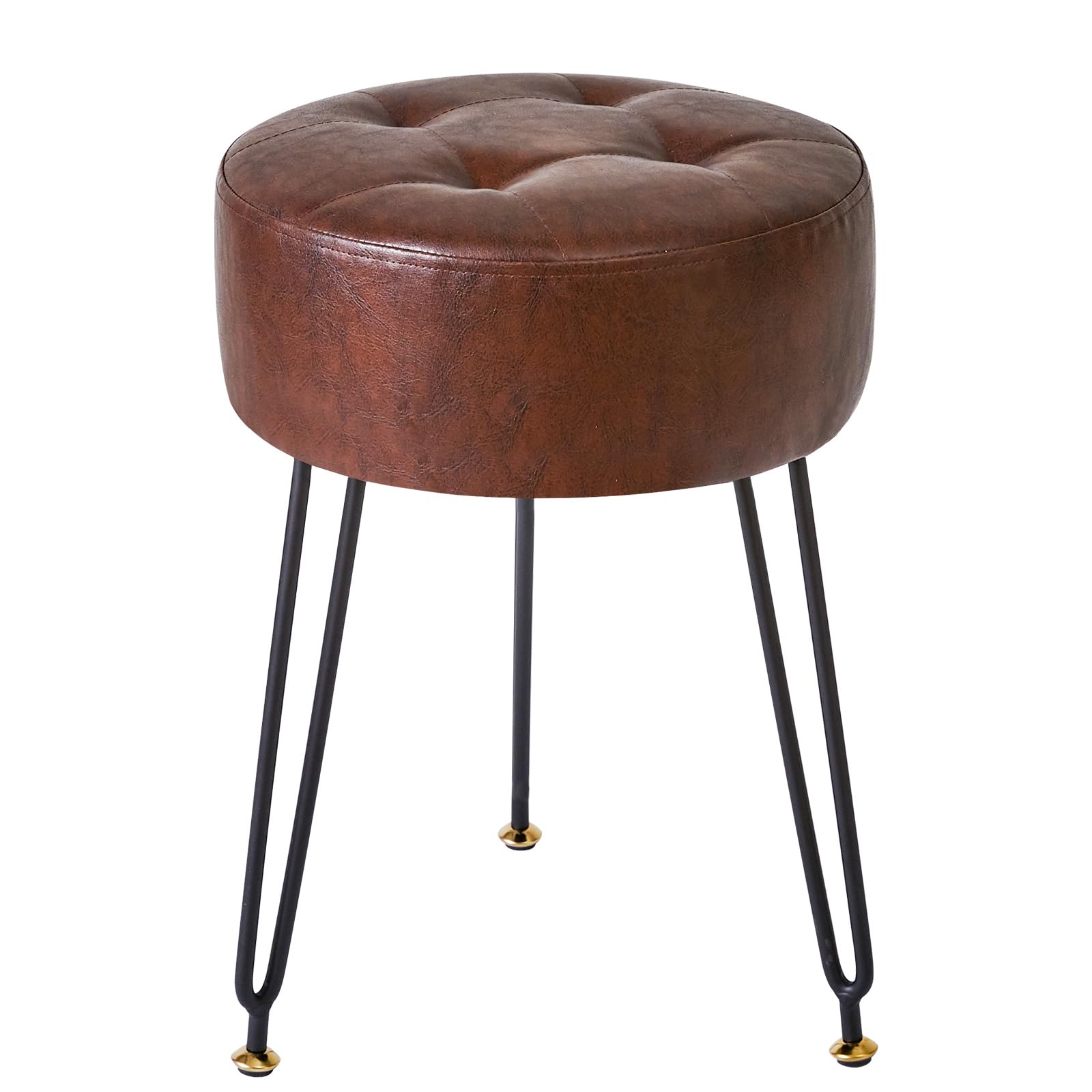 IBUYKE Faux Leather Round Footrest Stool, Makeup Vanity Stool Side Table, PU Dressing Table Seat, Pouf Couch Stool, Golden Steel Legs, Black LG-31B