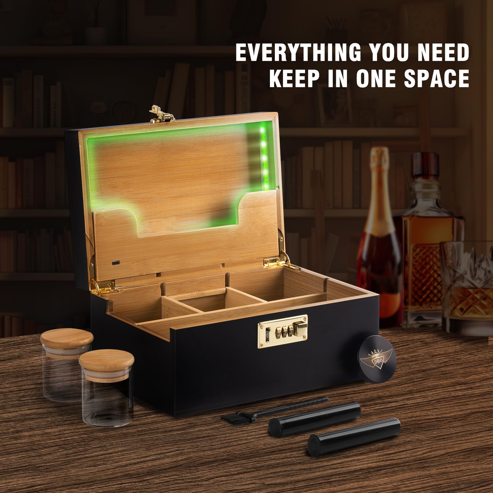 IEVEY Stash Box with Rolling Tray & Neon, Smell Proof Large Bamboo Storage Box with Lock, Decorative Box Set Includes Glass Jars & Grinder & Brush, Great Gift for Men Women(Black)