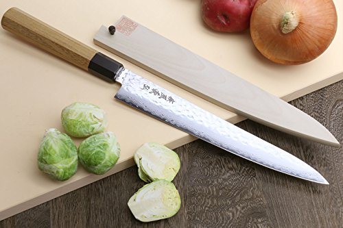 Yoshihiro VG-10 46 Layers Hammered Damascus Sujihiki Japanese Slicer Knife (9.5'' (240mm) Ambrosia Handle)