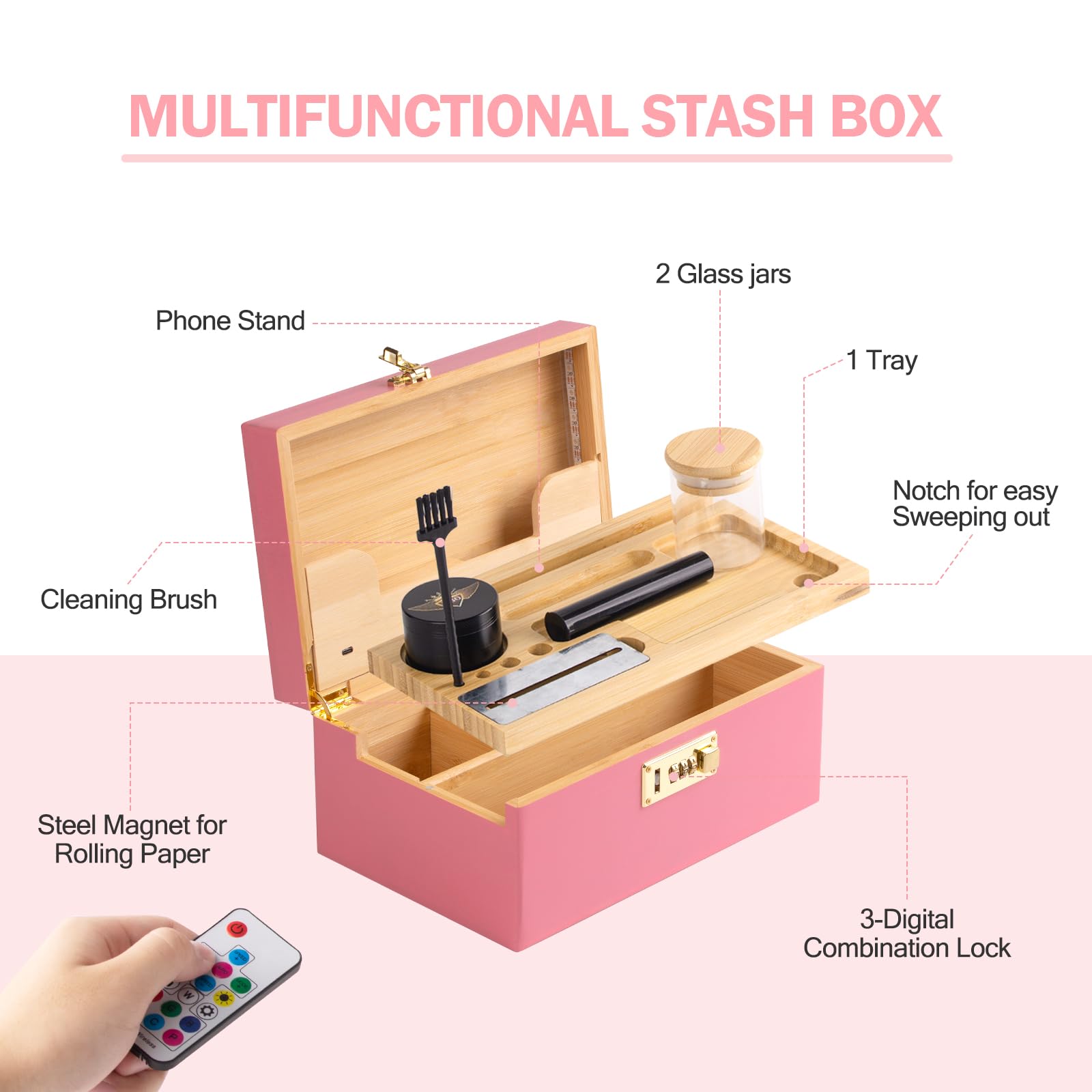IEVEY Stash Box with Rolling Tray & Neon, Smell Proof Large Bamboo Storage Box with Lock, Decorative Box Set Includes Glass Jars & Grinder & Brush, Great Gift for Men Women(Pink)
