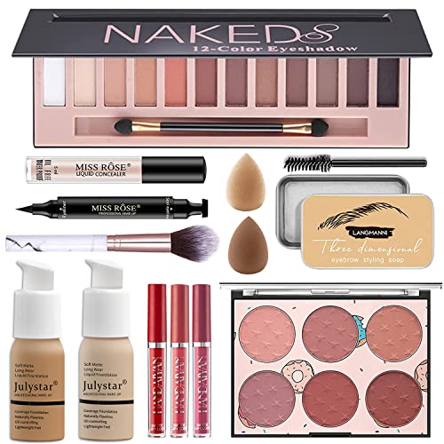 Professional Makeup Gift Kit Set,All in One Makeup Full Kit for Women,Girls & Teens Includes 12 Colors Eyeshadow Palette, Liquid Foundation & Concealer,Liquid Lipstickļ¼Face Blushļ¼Makeup Brush, Makeup Sponge, Eyebrow Soap, Winged Eyeliner Stamp