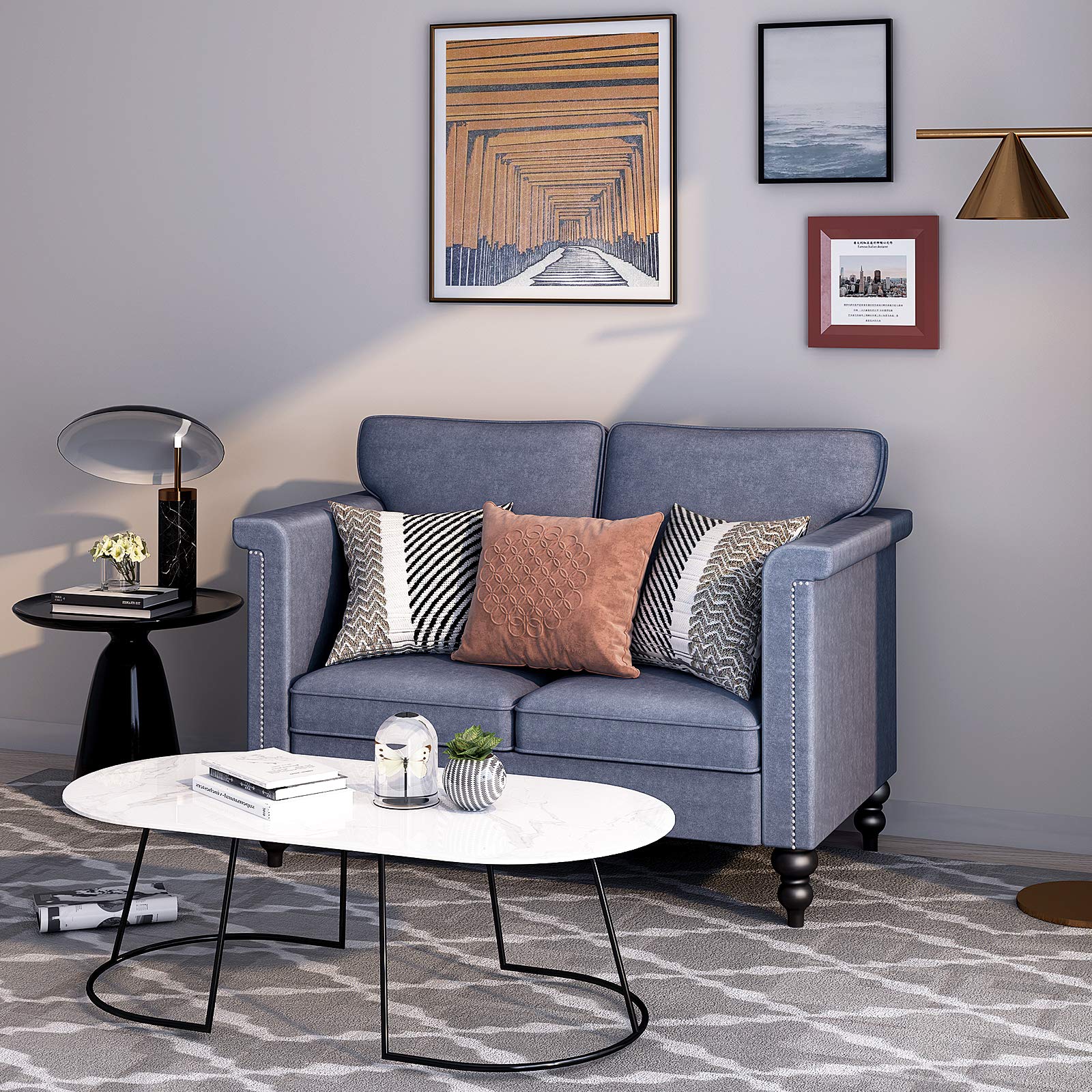 CUGBO Loveseat Sofa, Linen Modern Couch for Compact Living Space Bedroom Apartment Dorm Lounge Room Office Studio, Recliner w Removable Cushions Armrests Wood Legs (Blue Grey)