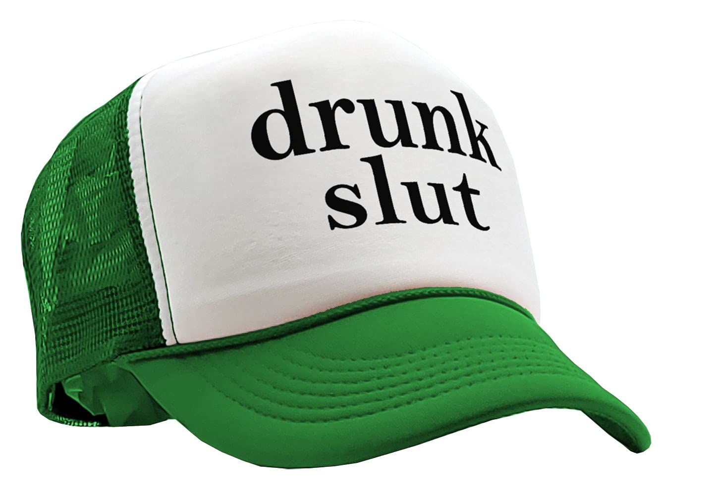 Drunk Slut - Party frat College Beer Drink - Vintage Retro Style Trucker Cap Hat (Green)