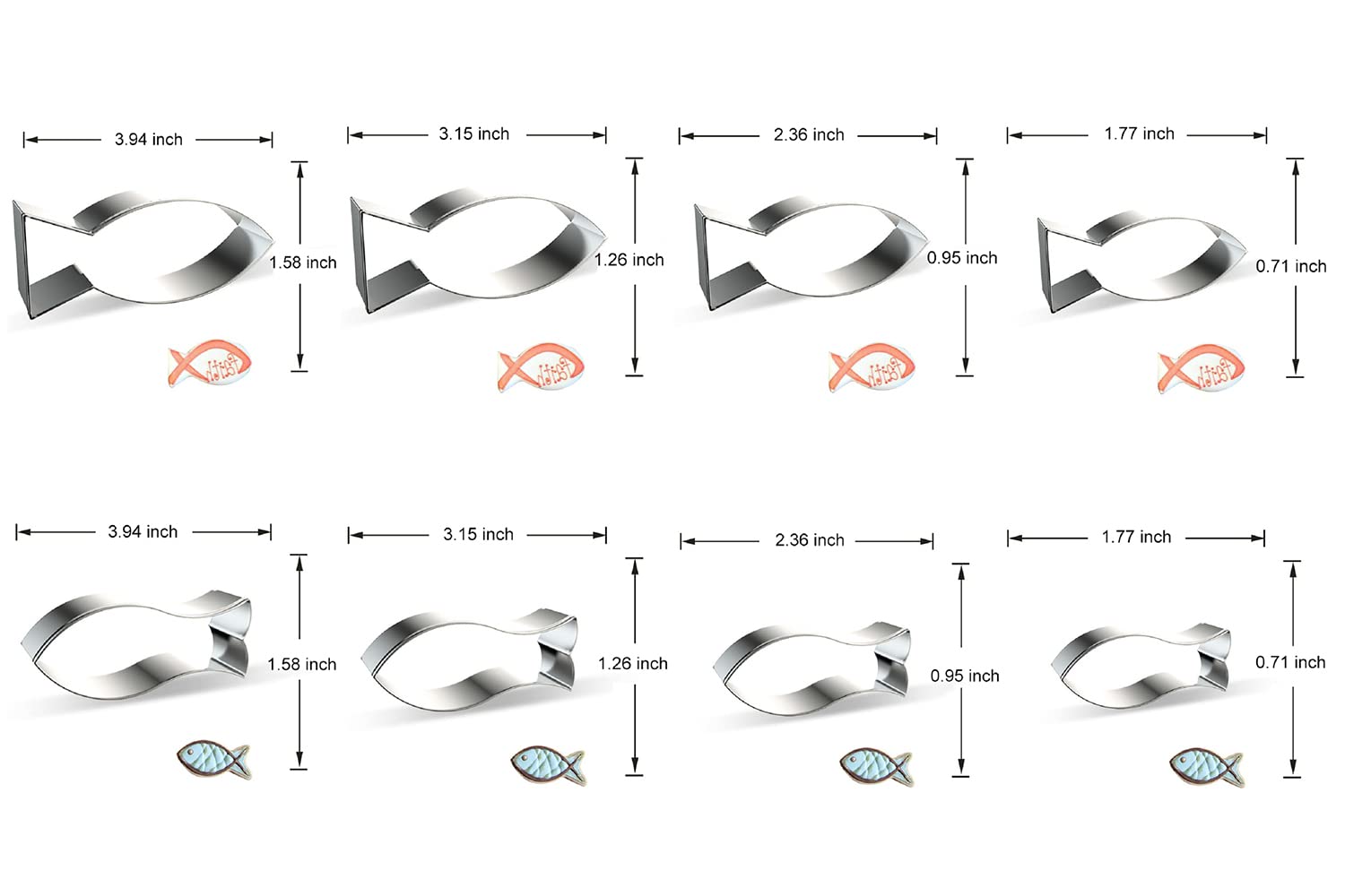 Fish Goldfish Cookie Cutter Set - 8 Piece Christian Jesus Fish Cookie Cutters Shapes Multi Includes Mini Small Medium Large / 4 Inch 3 Inch 2 Inch Cutters Mold for Religious Baptism Communion Supplies