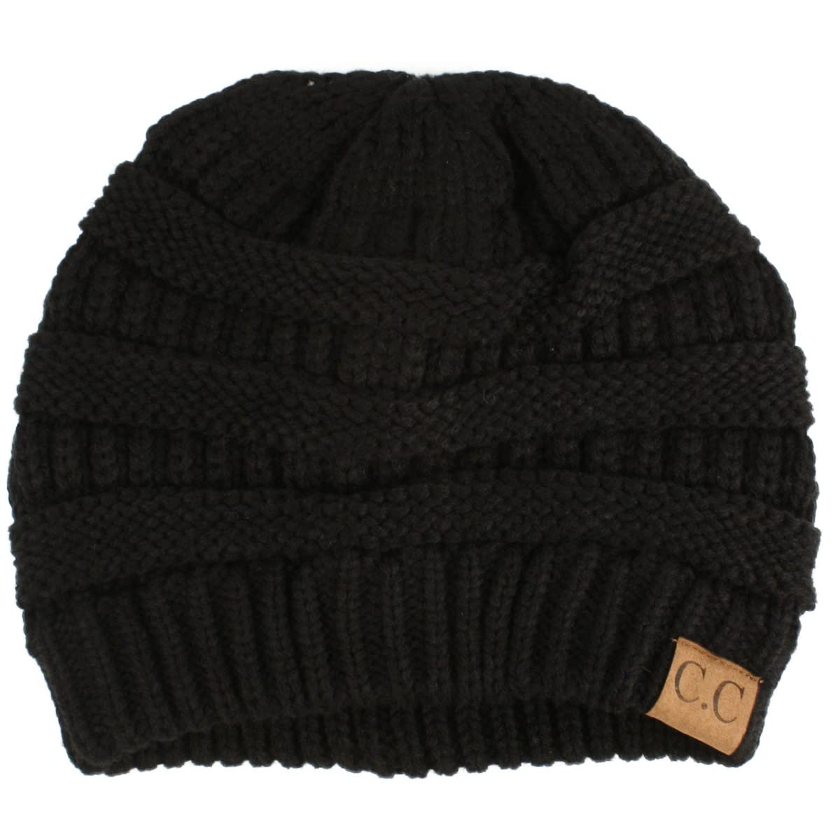 CC Fleeced Fuzzy Lined Unisex Chunky Thick Warm Stretchy Beanie Hat Cap (Solid Black)