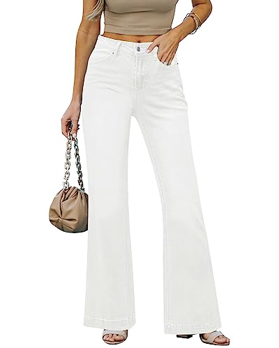 LookbookStore Wide Leg Pants High Waisted Pants for Women Mom Jeans High Waisted Womens White Jeans Womens Flare Jeans Womens Baggy Jeans Brilliant White Size Large Fits Size 12 14