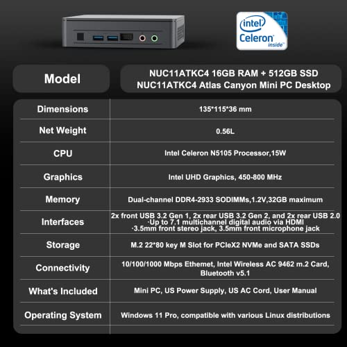Intel NUC 11, NUC11ATKC4 Mini PC 16GB DDR4 RAM & 512GB SSD Versatile Computers with Intel Celeron N5105 Processor, Support HDMI Dual 4K UHD/Bluetooth v5.2/Windows 11 Pro preinstalled