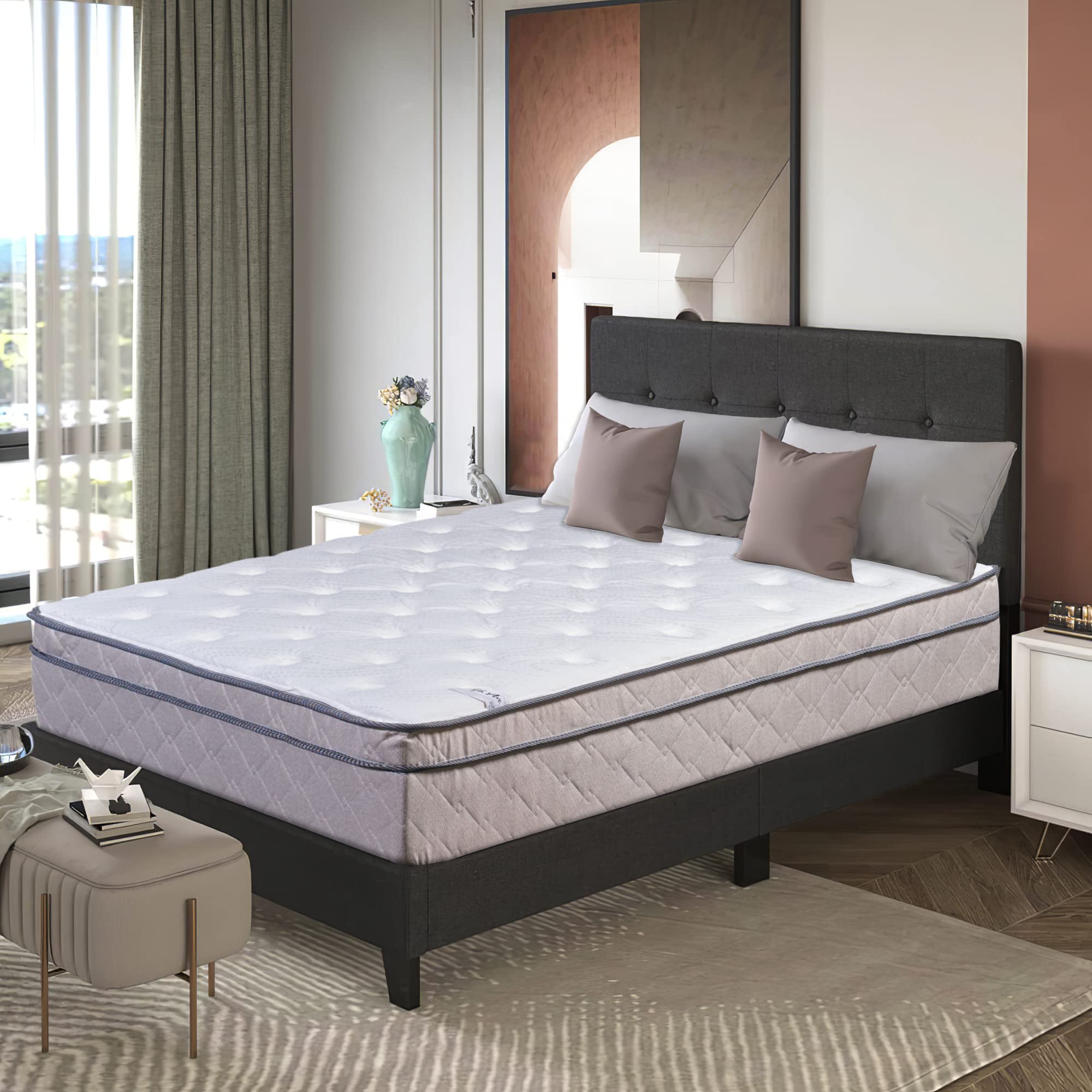 Greaton Soft Encased Hybrid Eurotop Pillowtop Memory Foam Gel Innerspring Fully Assembled Mattress, Good for The Back, Full XL, Black