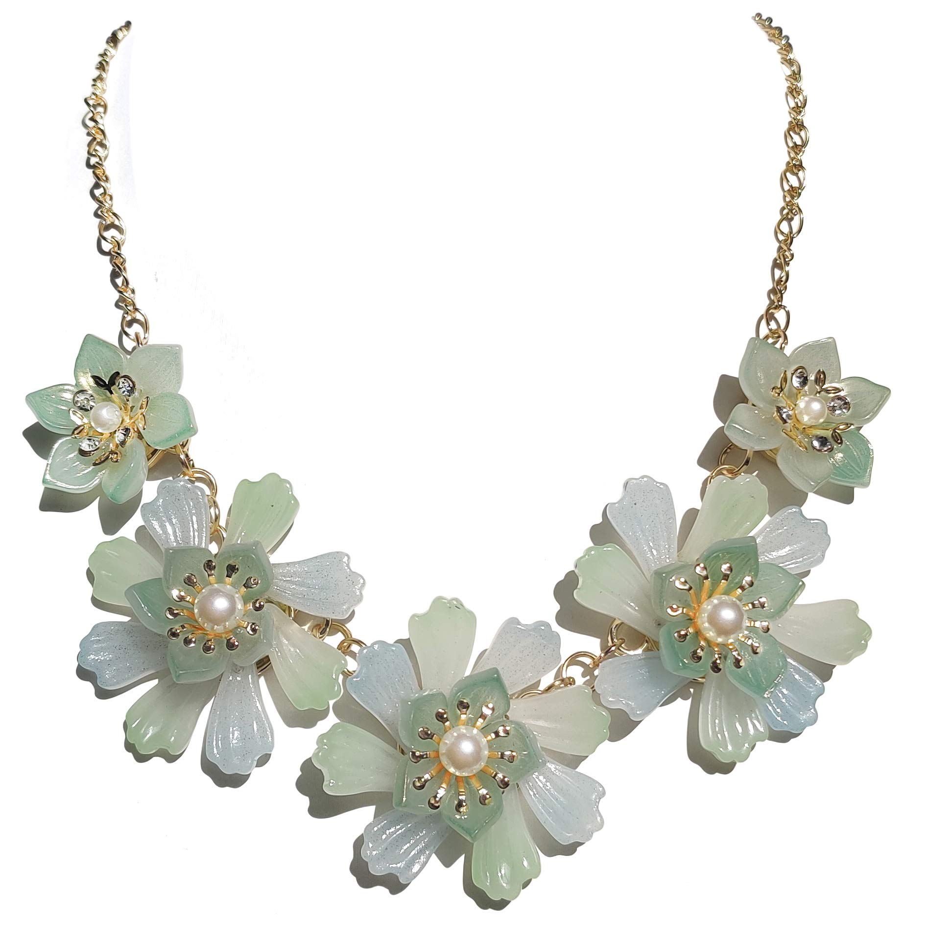 Coiris Golden Chain Vintage Flower Chunky Collar Crystal and Faux Pearls Pendant Statement Bib Necklace for Women(N0076)