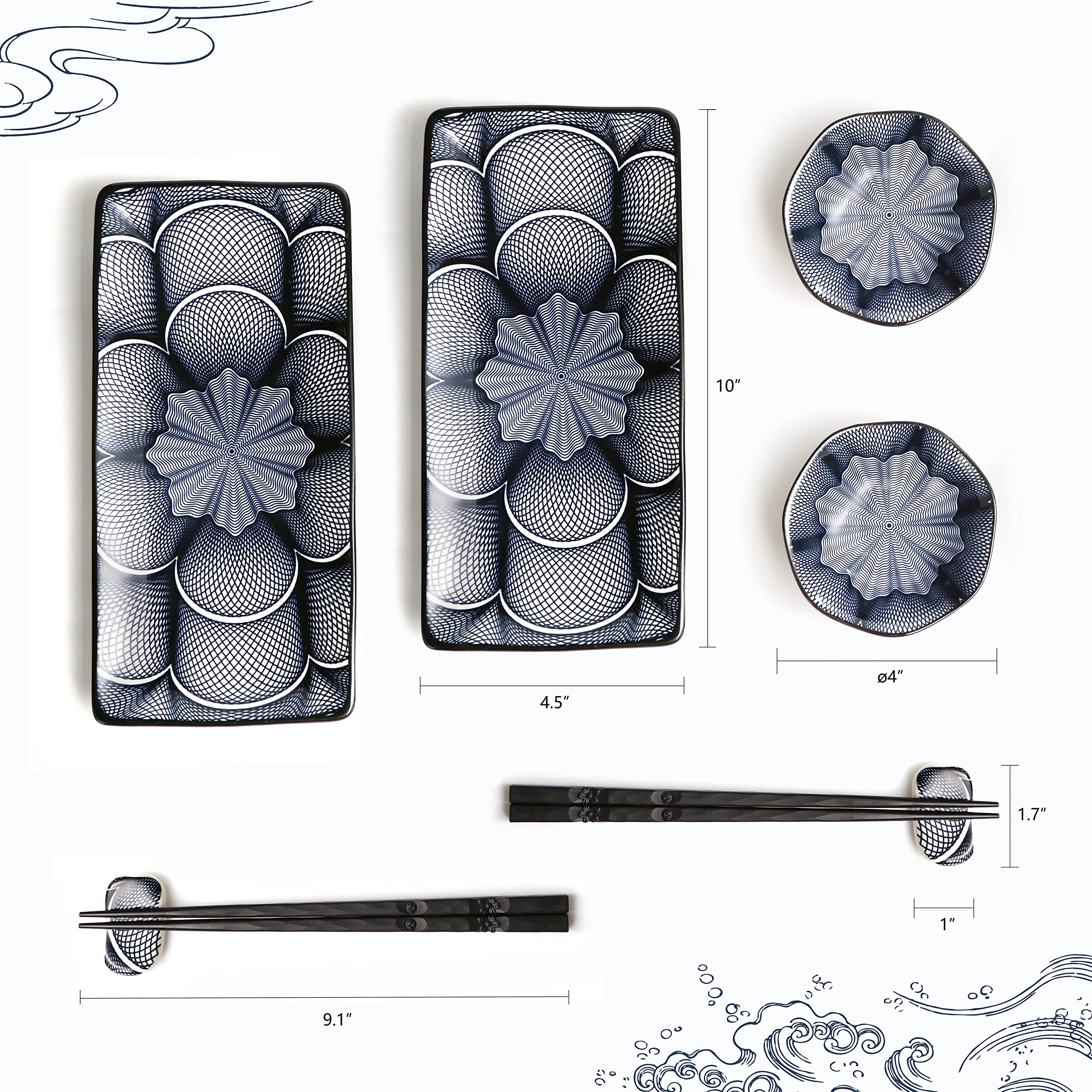 ELUSH 8 Piece Japanese Style Ceramic Sushi Plate Set 10-inch rectangle sushi dishes- 2 Sushi Plates, 2 Sauce Dishes, 2 Pairs of Chopsticks, 2 Chopsticks Holders