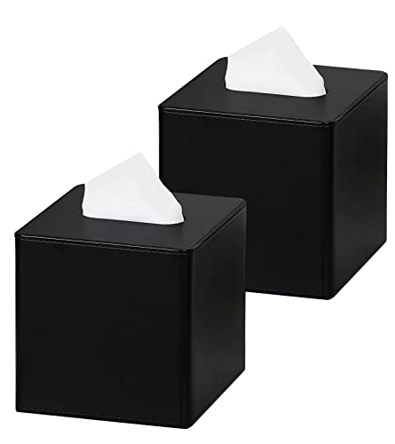 GOLRANLYE Tissue Box Cover Square 2 Pack PU Leather Facial Tissue Box Holder for Dresser Bathroom Decor (Black)