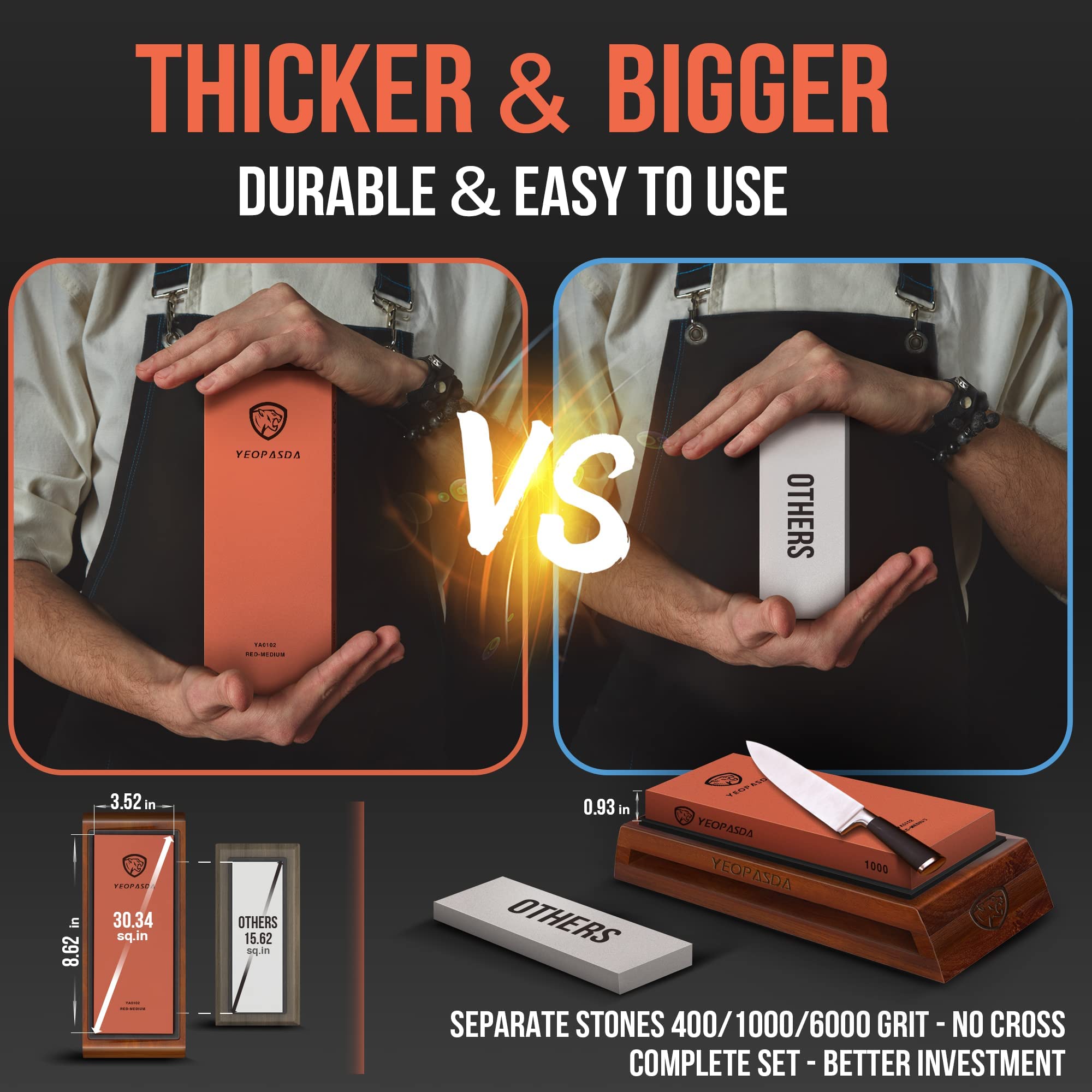 Extra Large Knife Sharpening Stone Kit - YEOPASDA Thicker 3 Side Grit 400/1000/6000 Wet Stone - Whetstone Knife Sharpener Stone Set with Non-Slip Wood Base, Angle Guide, Cut Resistant Gloves