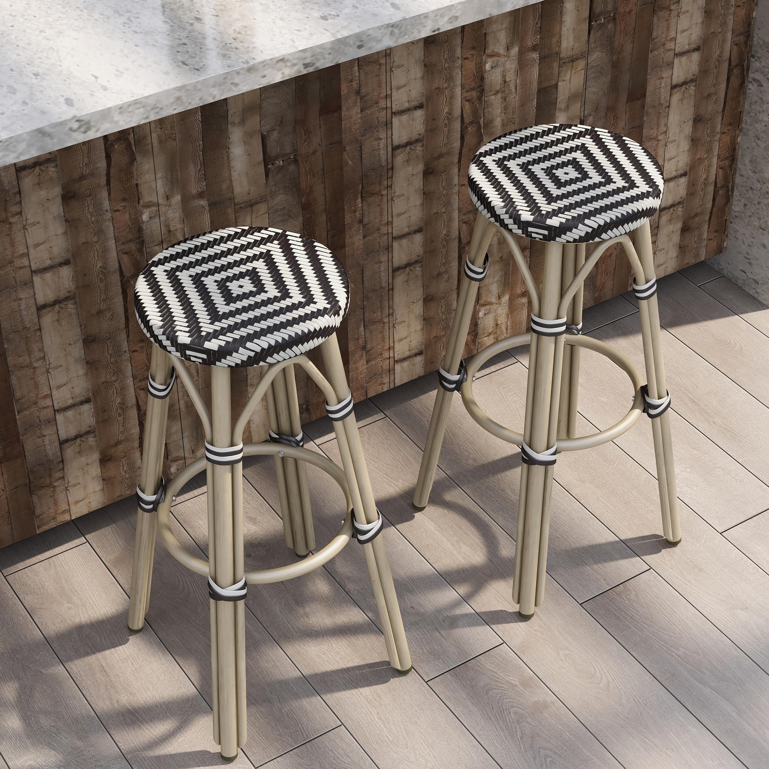 Greemotion Binde Boho 30-inch Aluminum and All-Weather Wicker Barstools with Footrest, Patio Stools & Bar Chairs for Outdoor, Kitchen Counter, Poolside, Yard, Set of 2, Brown