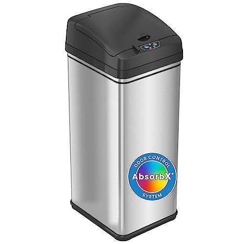 iTouchless 13 Gallon Stainless Steel Kitchen Trash Can with AbsorbX Odor Filter System, Powered by Batteries (not Included) or Optional AC Adapter (Sold Separately)