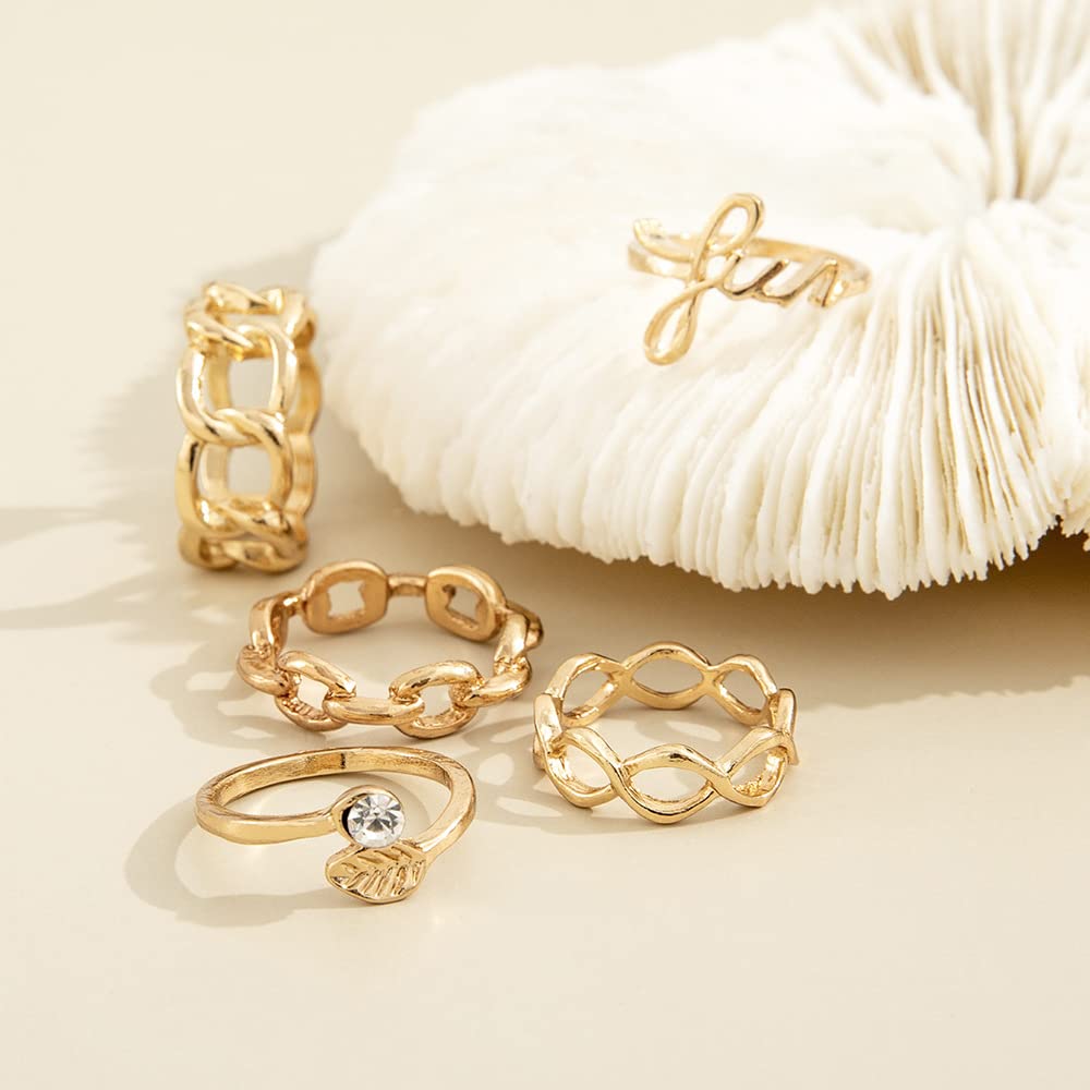 Chmier 5 Pcs Punk Gold Knuckle Rings Set Cuban Link Chain Band Rings Leaf Stackable Rings for Women and Men