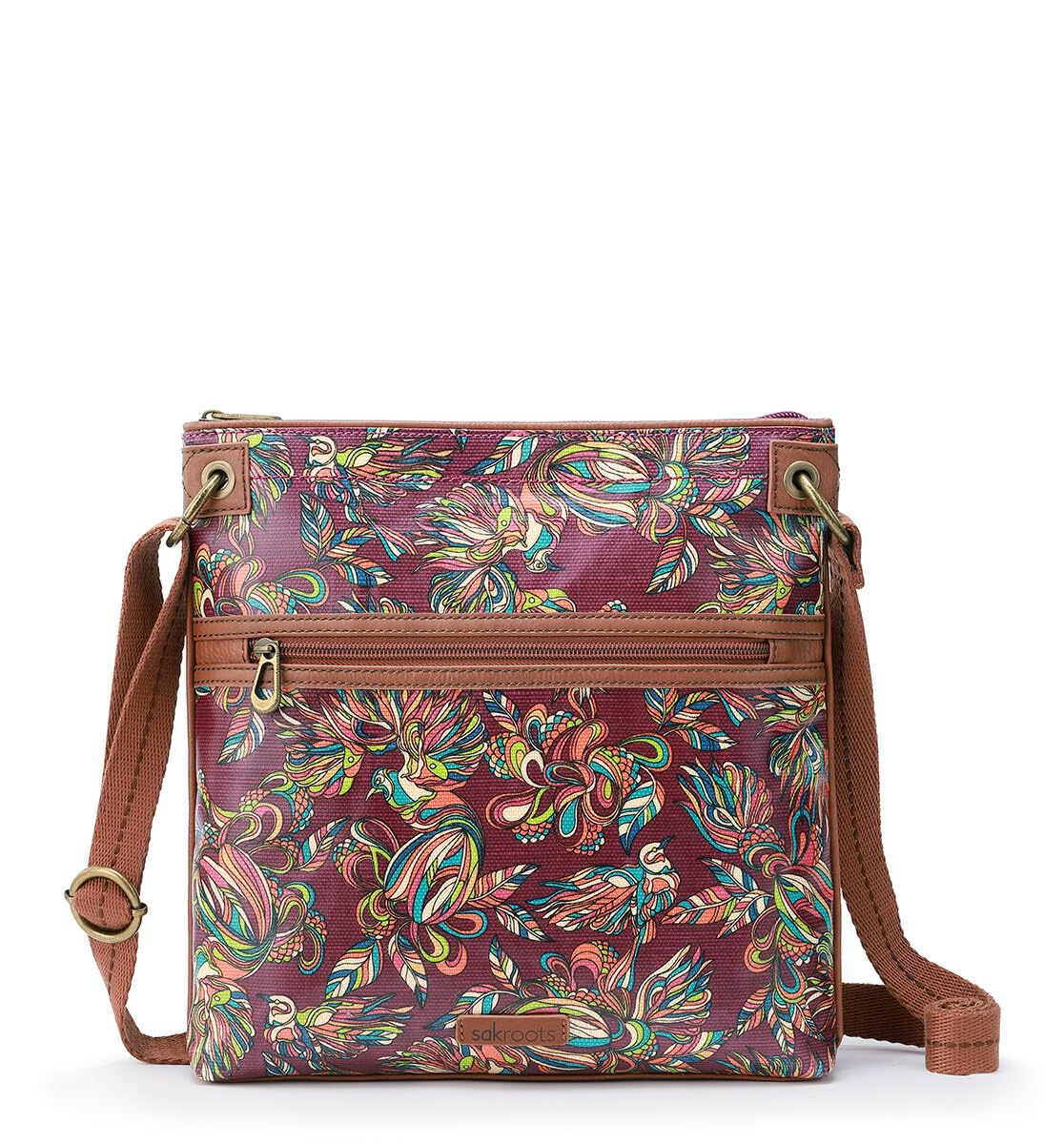 Sakroots Flat Crossbody in Coated Canvas with Adjustable Strap, Mulberry Treehouse