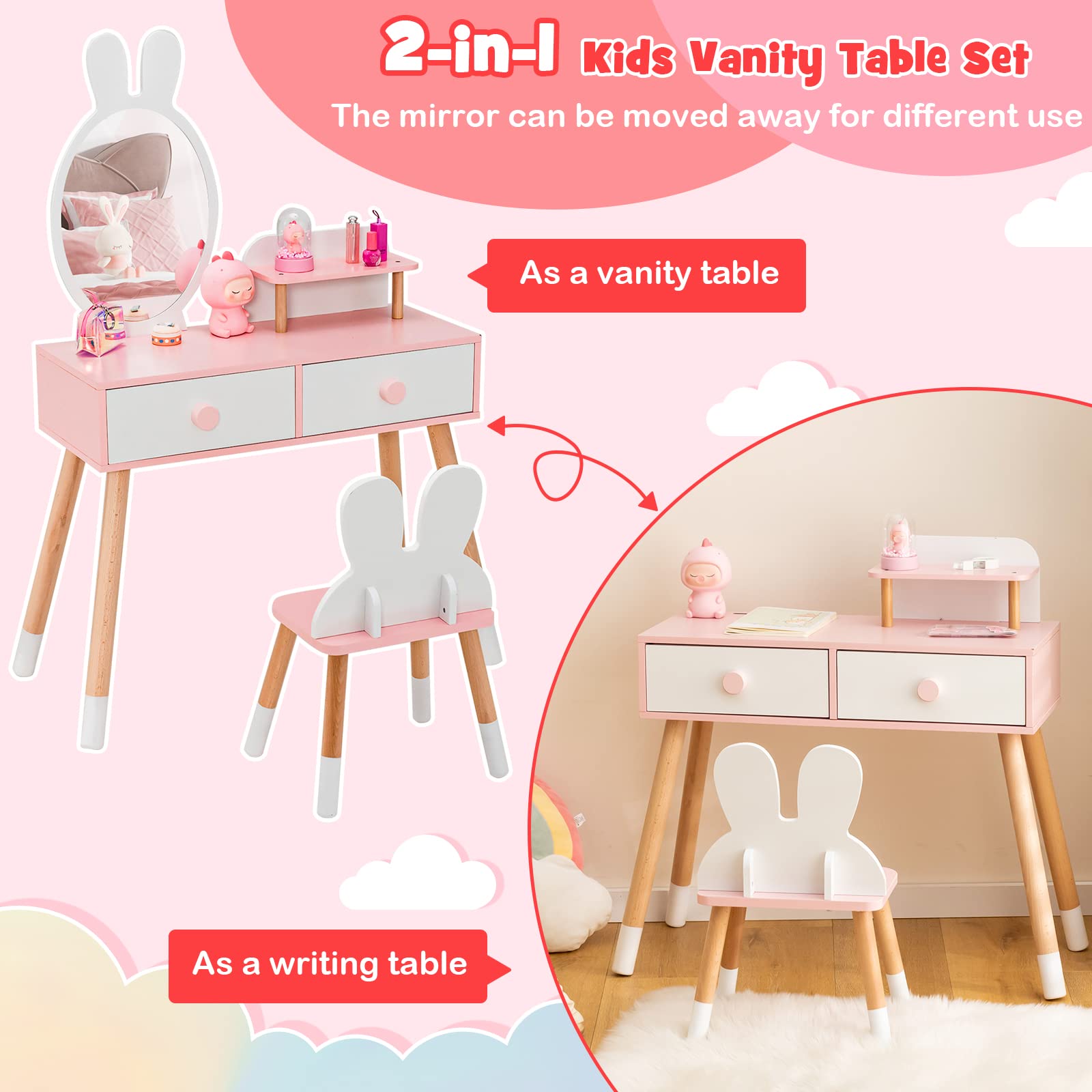 FIREFLOWERY Kids Vanity, Kids Vanity Table and Chair Set with Mirror & Storage Shelf, Princess Dressing Table, Toddler Makeup Vanity, Girls Vanity with 2 Large Drawers (White)