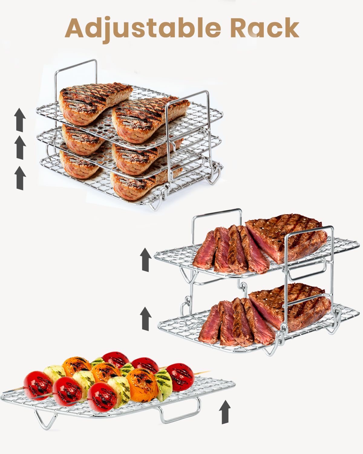 CODOGOY Air Fryer Rack for Ninja DZ201 DZ550/ Instant Vortex Plus XL 6-8-quart (7.48"D x 4.52"W x 4.72"H) 304 Stainless Steel Adjustable Layer Dehydrator Rack Toast For Ninja Foodi Accessories