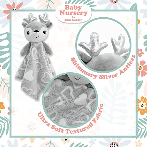 June Garden Cozy Dream Fleece Baby Security Blanket - Infants Nursery Bed Blankets - 15 x 15 inches Lovey - Stuffed Deer Animal Plush - Grey