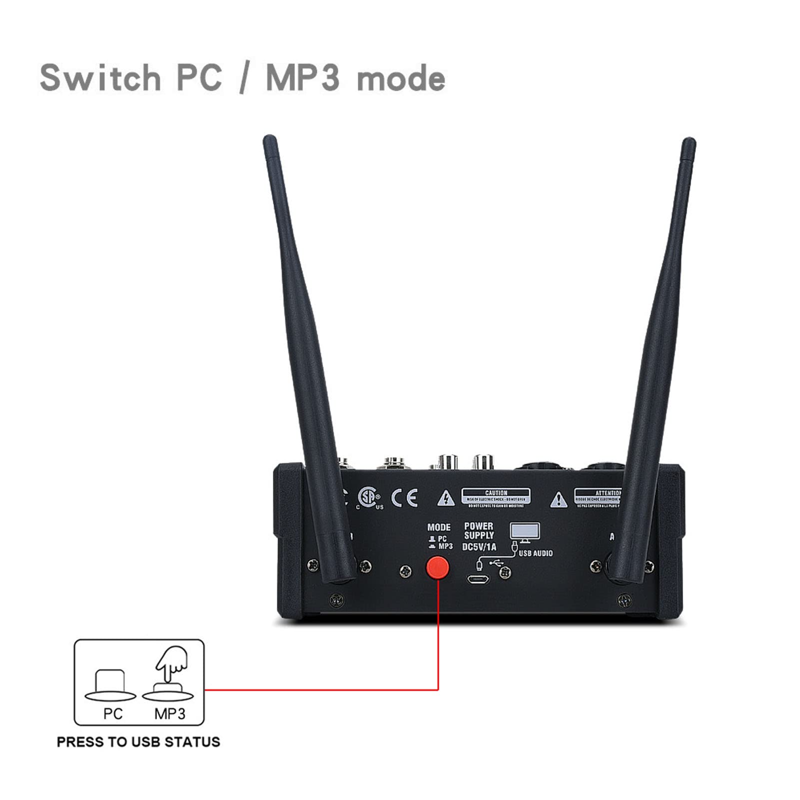 CUEI 4 Channel Audio Mixer, Professional USB Bluetooth MP3 Sound Board Console System with 2 Wireless Mics, 16 DSP & Stereo/Mono Adjustment, Portable DJ Mixer for PC Recording, Live Streaming