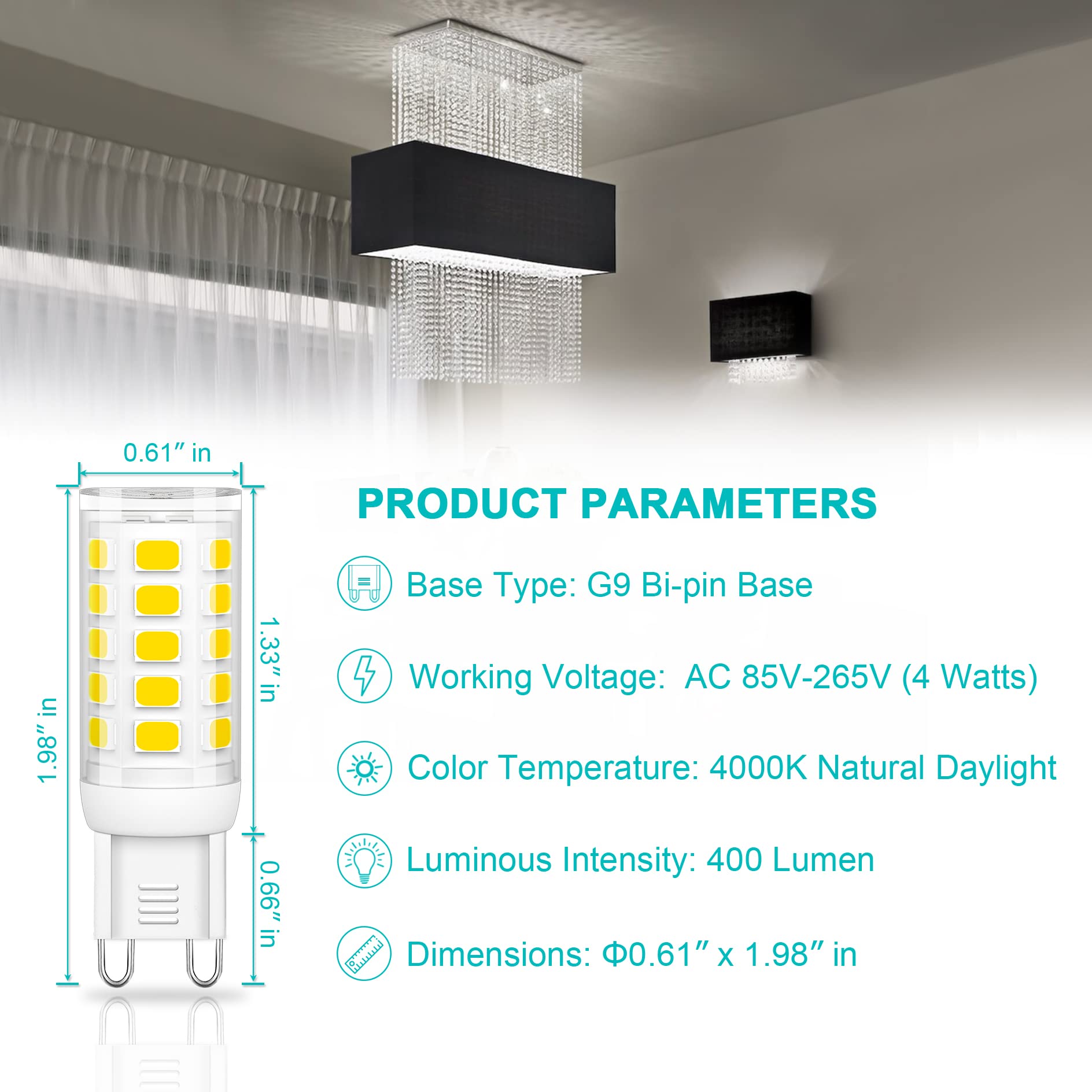 Cotanic G9 LED Bulb Dimmable 4000K Daylight, G9 Light Bulb Bi Pin Base for Crystal Chandelier,4W 40W T4 G9 Halogen Replacement,360 Degrees Beam Angle,400LM,120V AC,5 Pack